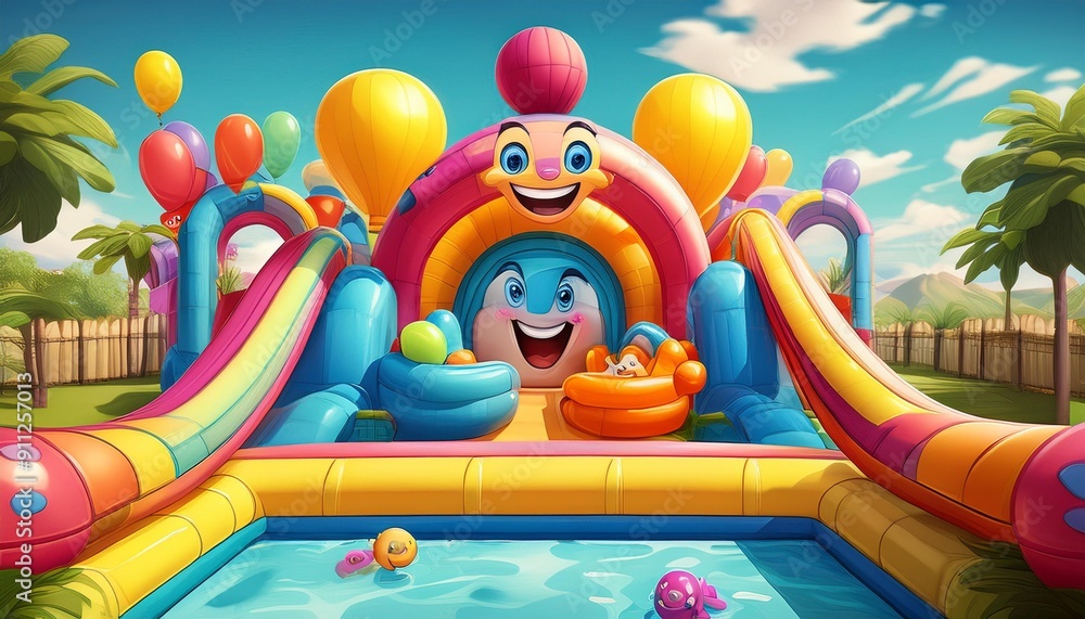 Inflatable bounce house with cartoon pool and water slide, featuring ...