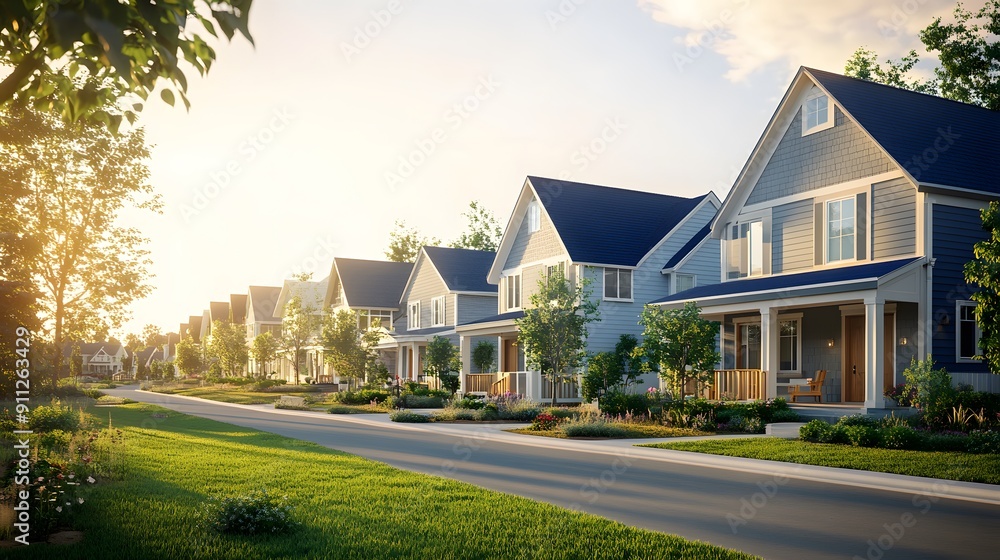Suburban neighborhood, row of houses, navy blue roofs, white siding ...