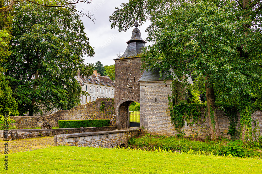 Small bridge over moat at main entrance to fortified castle of Acoz ...
