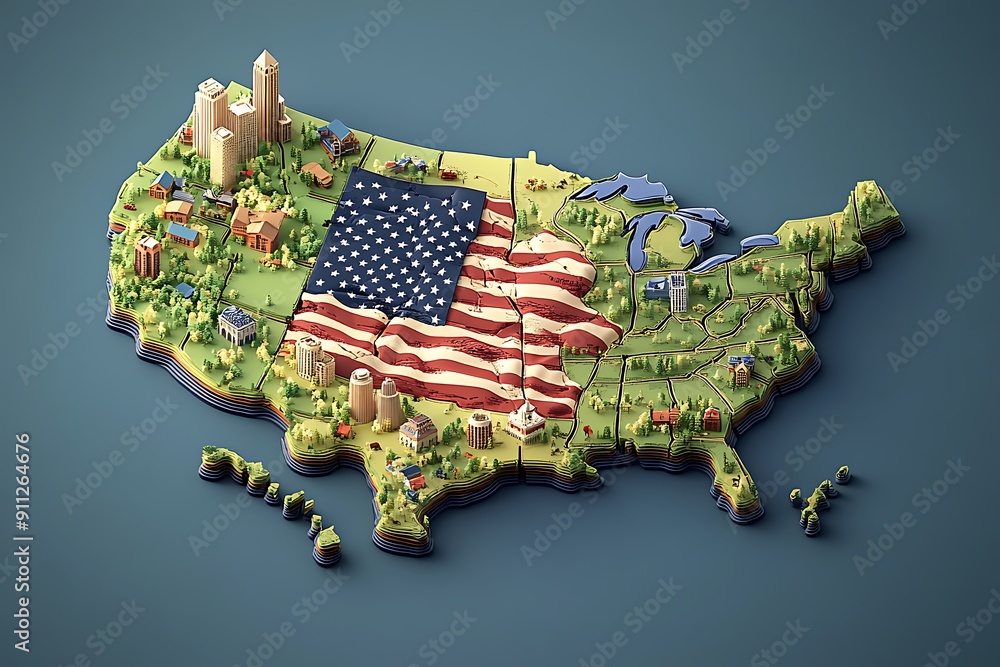 3D map of USA, aka United States of America, in a shape of US map ...