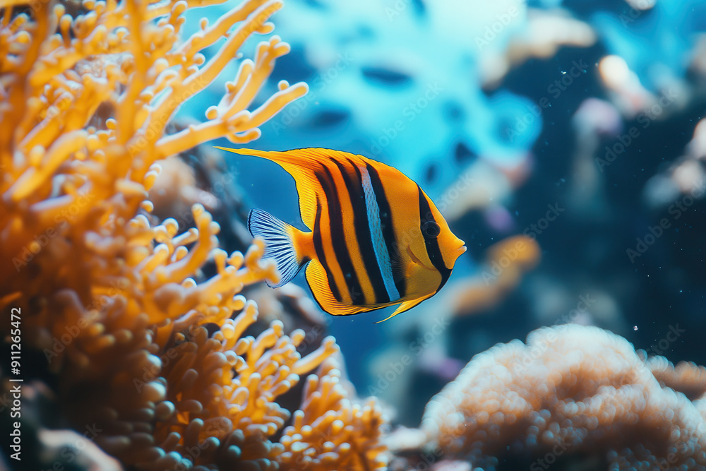 This image shows a beautifully striped angelfish exploring the vibrant ...