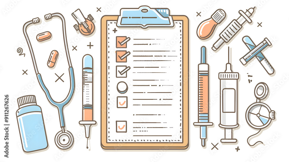 Doctor's checklist with health symbols and medical equipment, doctor ...