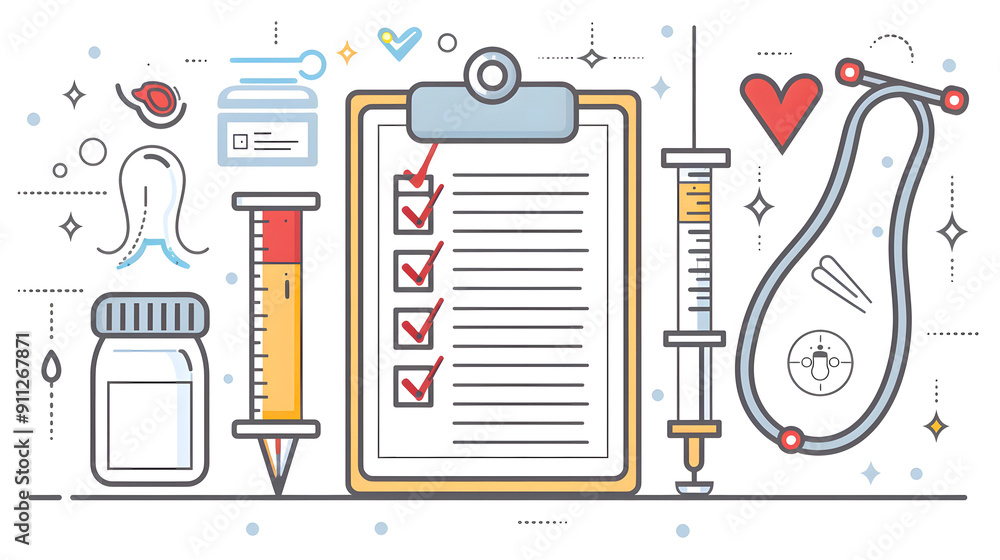 Doctor's checklist with health symbols and medical equipment, doctor ...