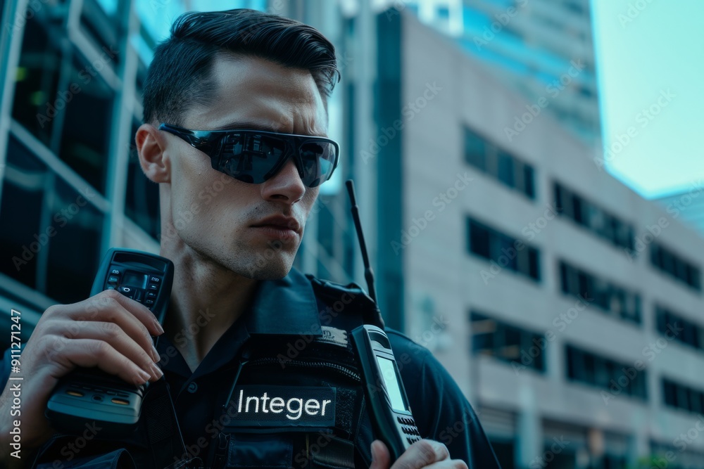 Security officer with sunglasses looks vigilant. Wearing a black ...