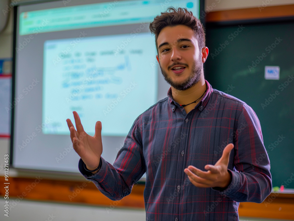 Male Teacher Giving a Lecture in Classroom with Presentation on Screen ...