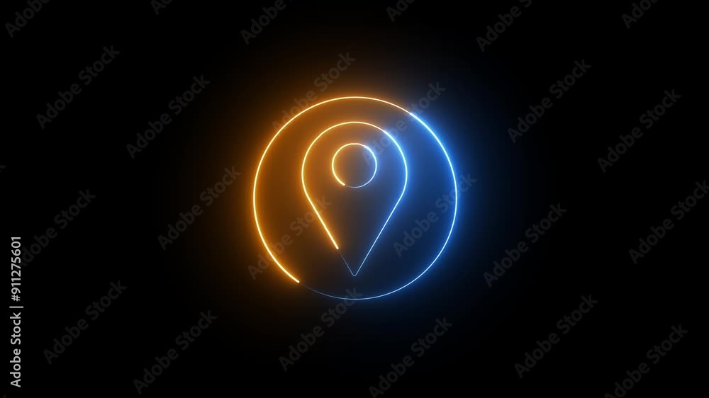 Neon line location indicator and location icon animation. GPS icon in ...