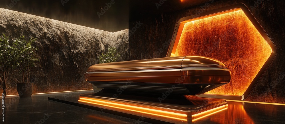 Contemporary casket displayed at the entrance of an advanced ...