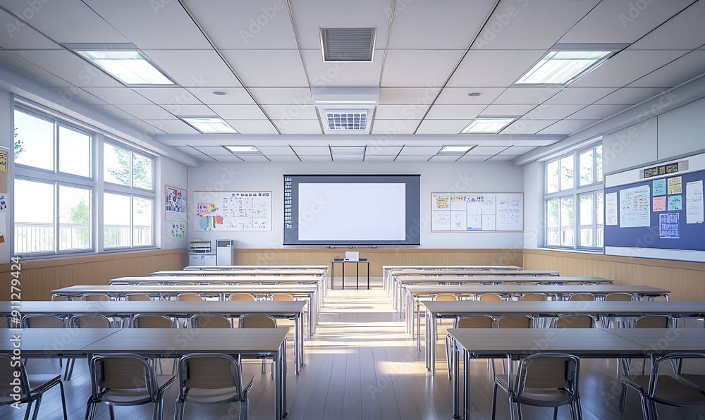 Korean High School Classroom: Digital Screen and Bulletin Boards with ...