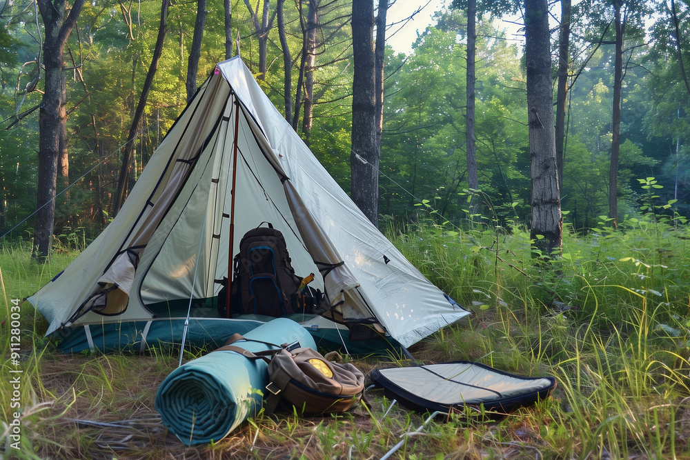 Scout camping setup with a pitched tent and backpack Stock Photo ...