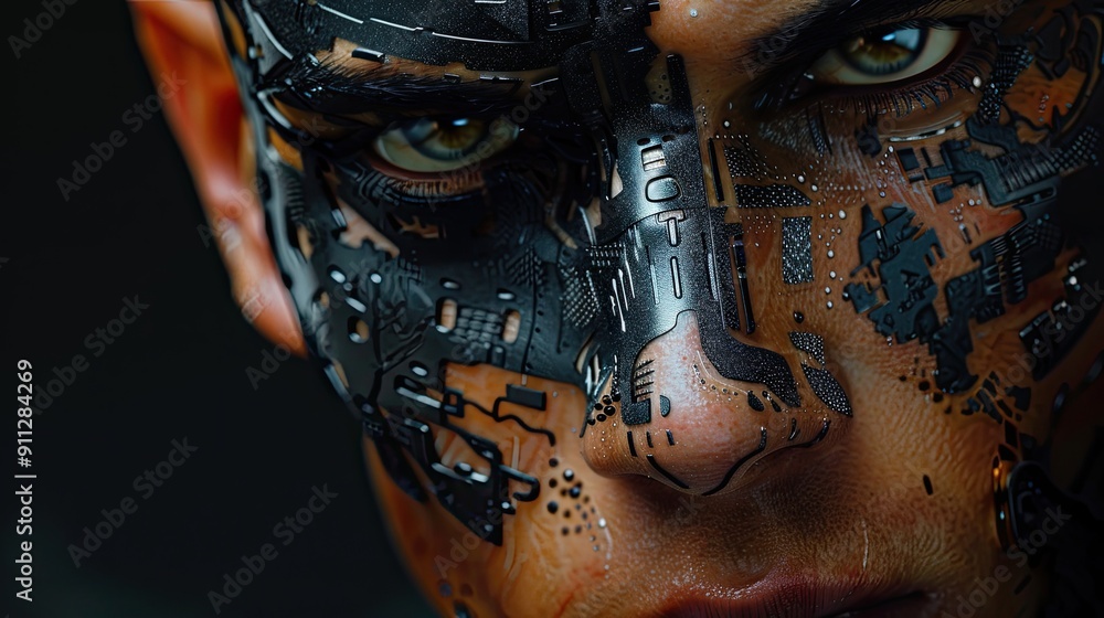 Ultra-realistic AI-generated face with metallic skin and digital ...