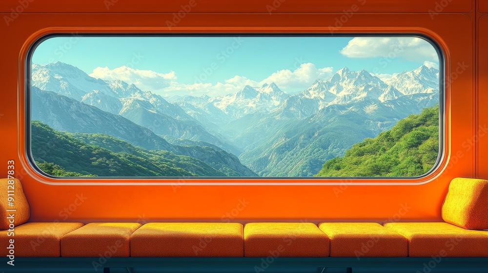 06081955 01 A minimalist illustration of a train window frame with a ...