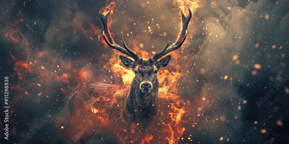 Epic deer animal fantasy with dramatic background. Forest fire. Ai ...