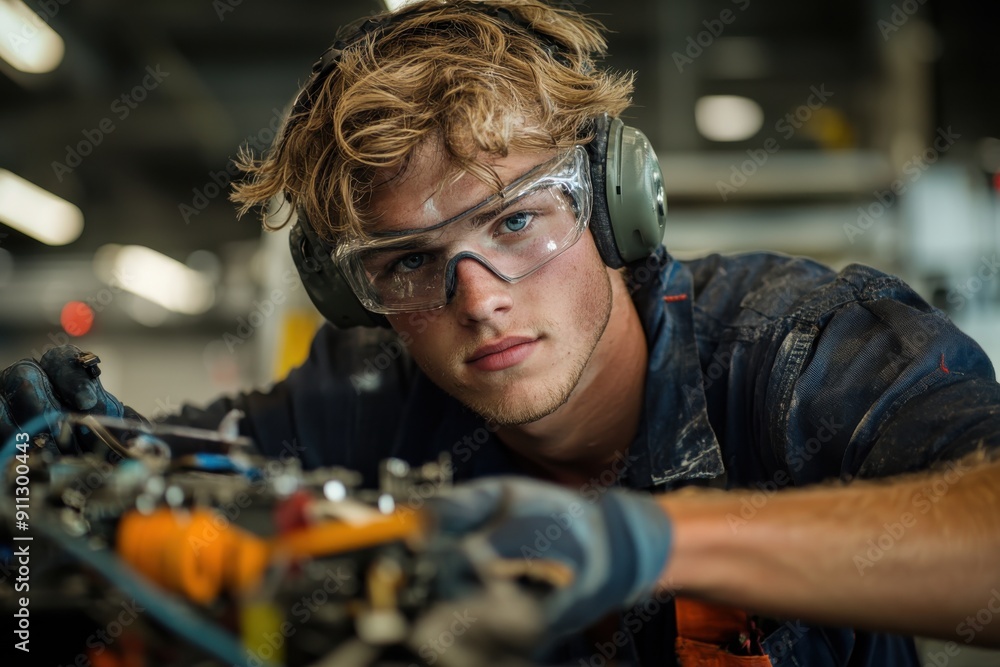 Man in work attire and ear protection deeply engrossed in working on a ...