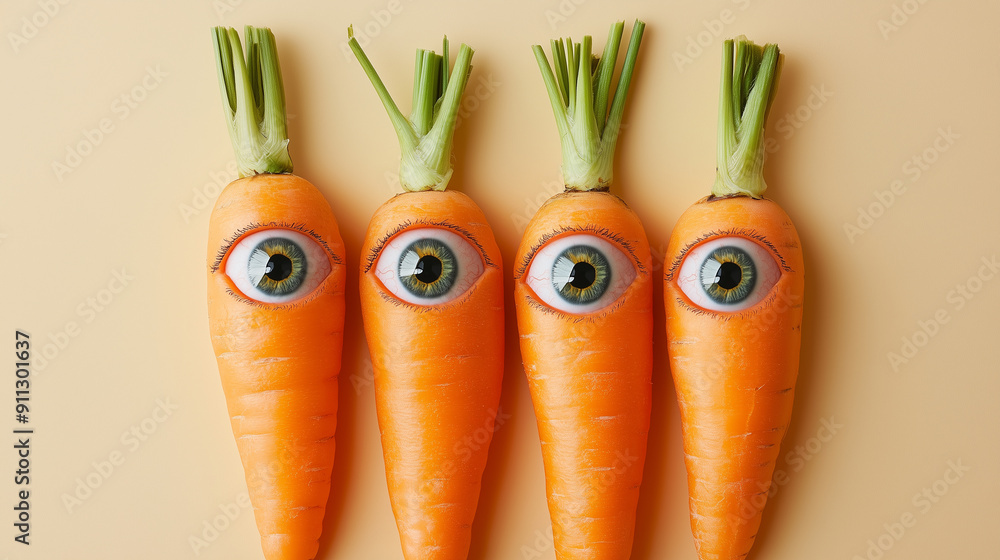 Four carrots with human eyes embedded in them, placed side by side on a ...