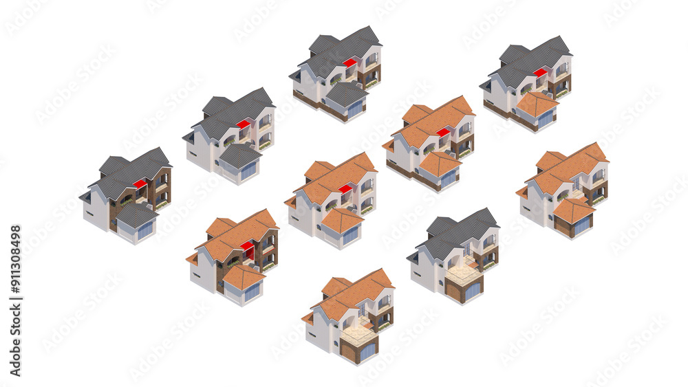 house made of puzzle pieces, 3D isomatric model of various house ...