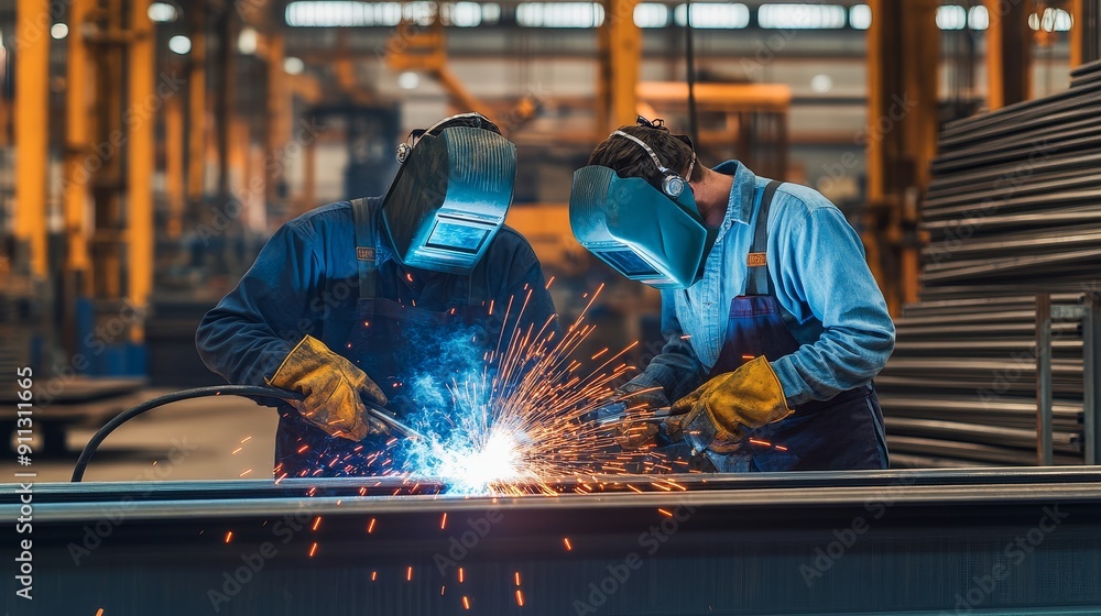 Industrial metal fabrication workshop with sparks flying from welding ...