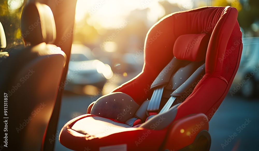 A red baby car seat is attached to the back of an SUV, creating a close ...