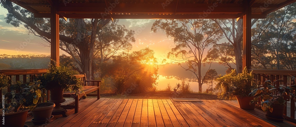 8K photorealistic image of a sunset porch by the Murray River ...