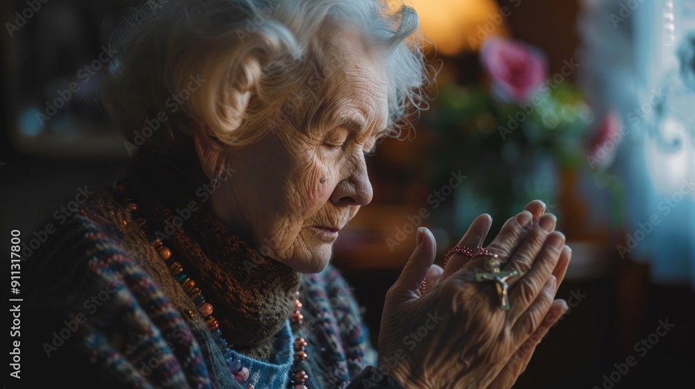 Portrait of senior woman praying while holding Christian symbol of ...