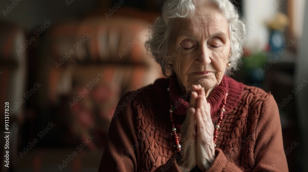 Portrait of senior woman praying while holding Christian symbol of ...