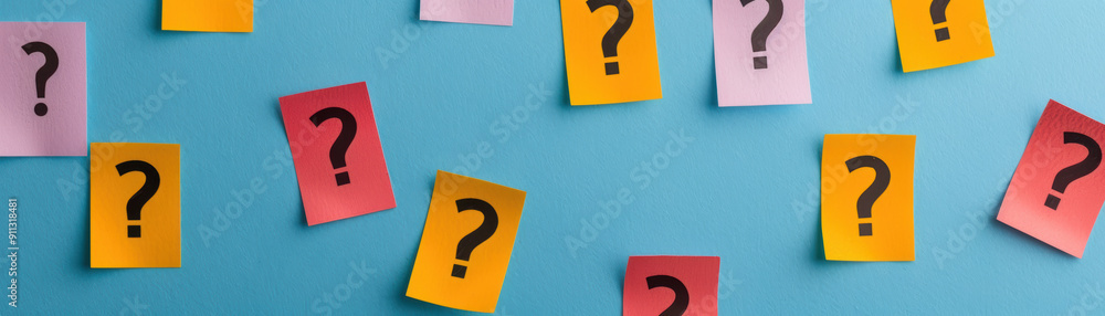 Colorful sticky notes with question marks on a blue background ...