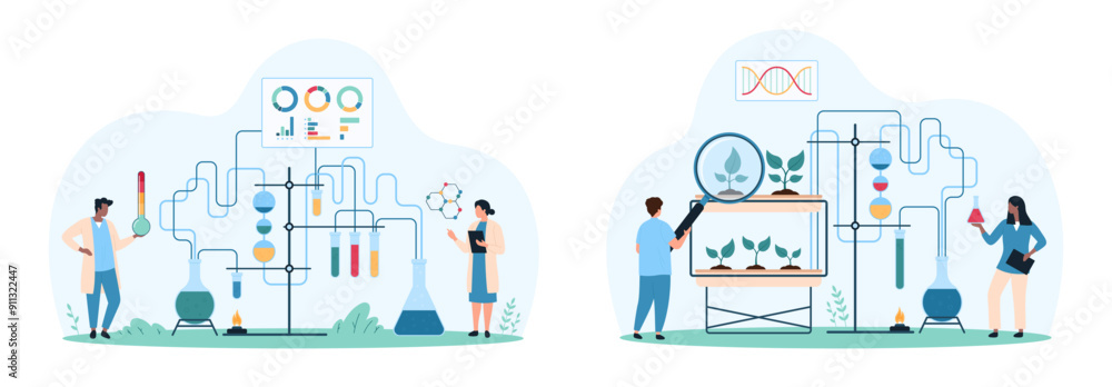 Chemistry, biology and biotechnology research set. Tiny people study ...