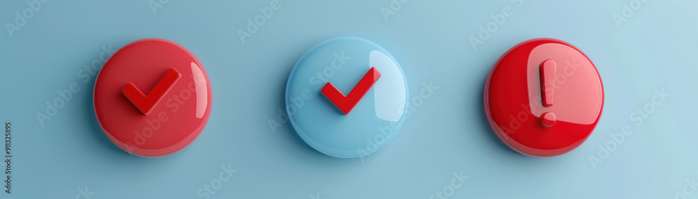 Three glossy buttons with checkmarks and exclamation mark on blue ...