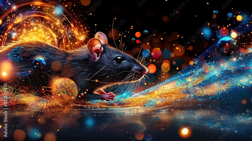 A rat perched atop a watery surface, with effervescent bubbles escaping ...