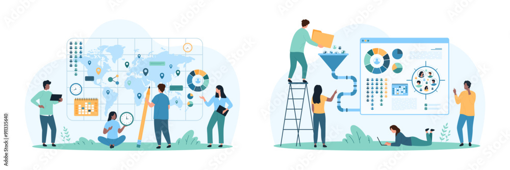 Sociology and marketing analysis set. Tiny people work with funnel for ...