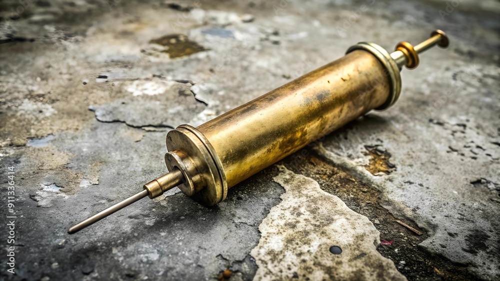 Relics of a Bygone Era: A Soviet Brass Syringe Sterilizer on a Concrete ...