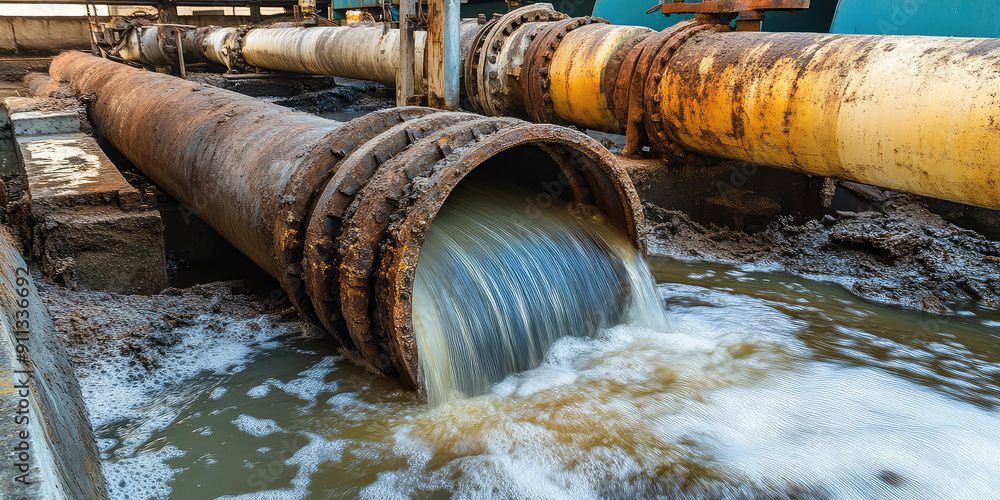 Industrial wasteland with rusty old dirty pipes, flowing toxic sludge ...