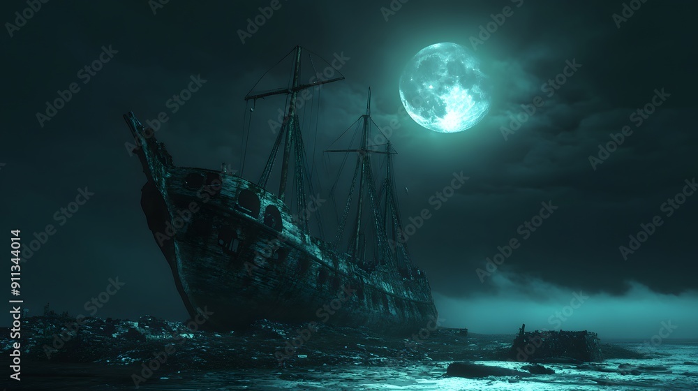 Ghost Ship Under a Spectral Moon: An eerie ghost ship run aground ...