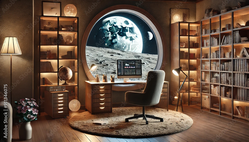 Serene home office setup on the moon with a computer on a desk ...