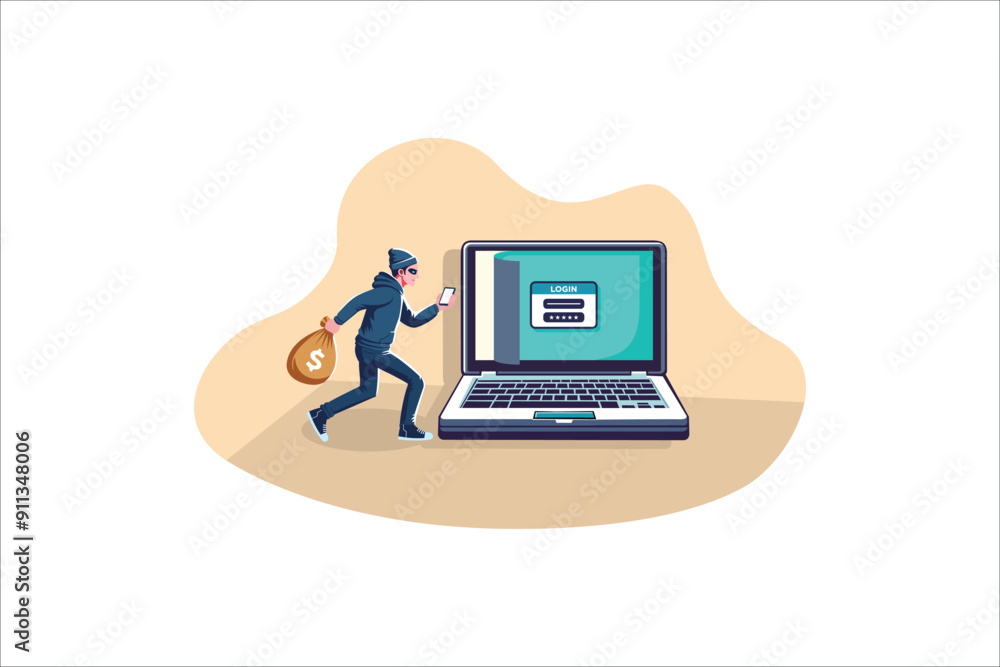 Cyber thief, hacker, get out of the door with a bag of personal ...