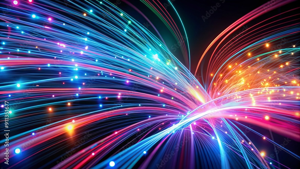 Vibrant neon fiber optic lines crisscross against a dark background ...