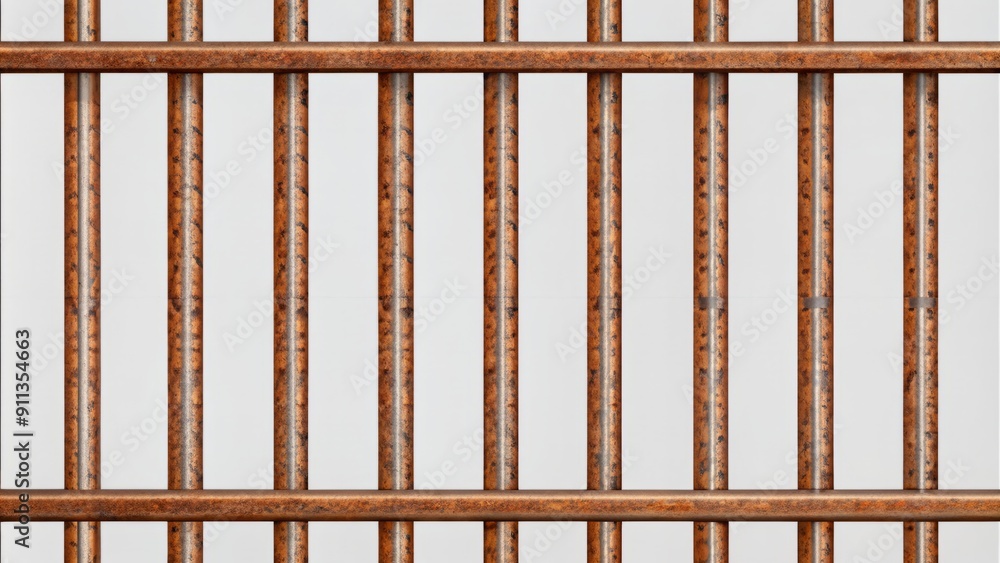Rusty iron prison bars with thick vertical rods and horizontal ...