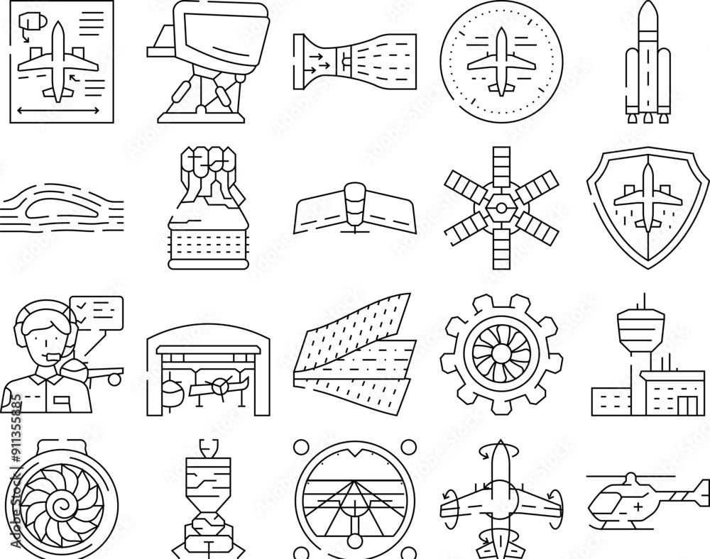 aeronautical engineer aviation icons set vector. airplane plane ...