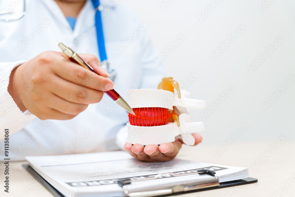 A doctor uses an anatomical lumbar disc herniation model to explain ...