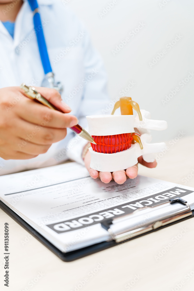 A doctor uses an anatomical lumbar disc herniation model to explain ...