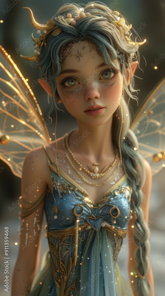 Ethereal fairy with intricate braids and glistening golden wings in a ...