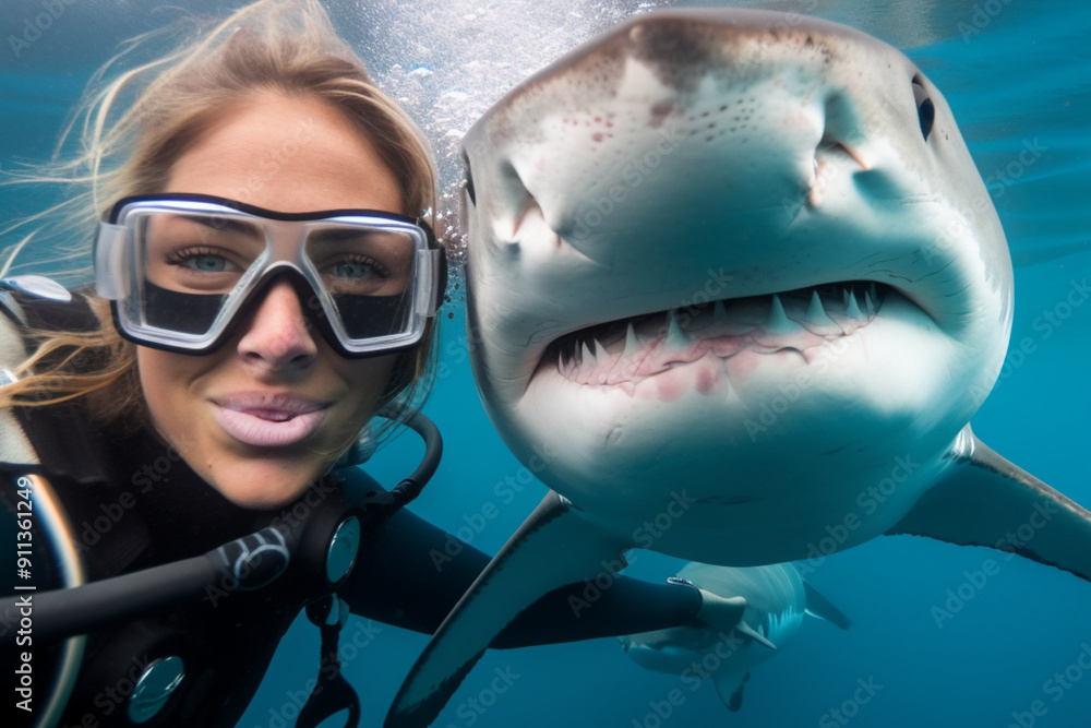 Thrilling Underwater Selfie with Great White Shark - Diver's Close ...