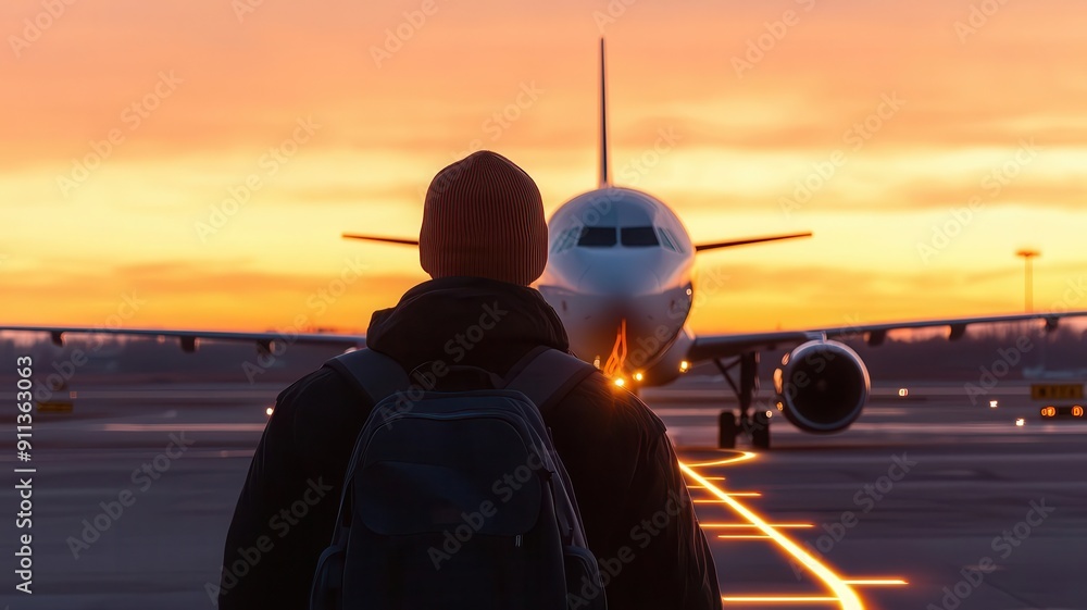 Passengers boarding a flight at dawn, illuminated route lines leading ...