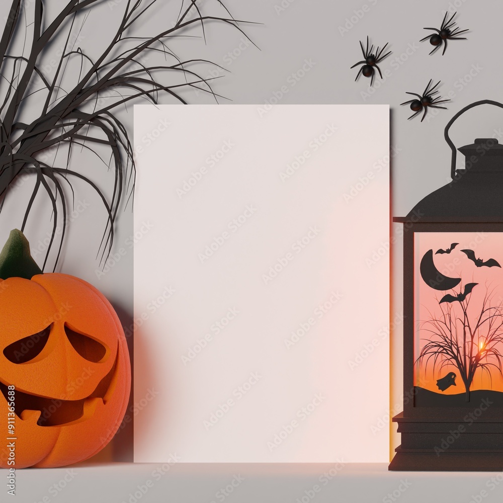 Mock up 5 x 7 portrait card with Jack o Lantern pumpkin decor, lantern ...
