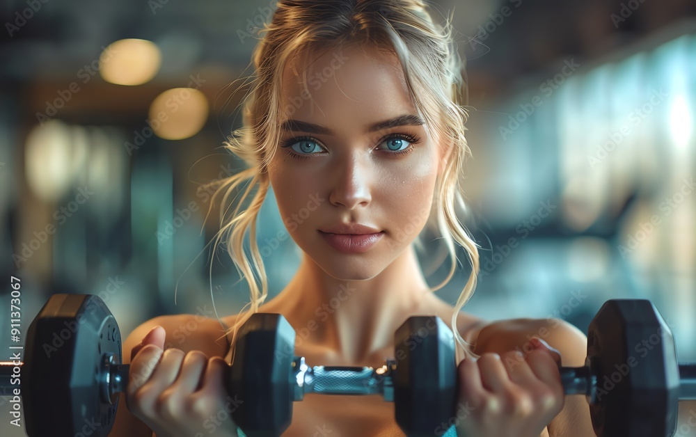 Beautiful woman lifting weights in gym, realistic photography ...