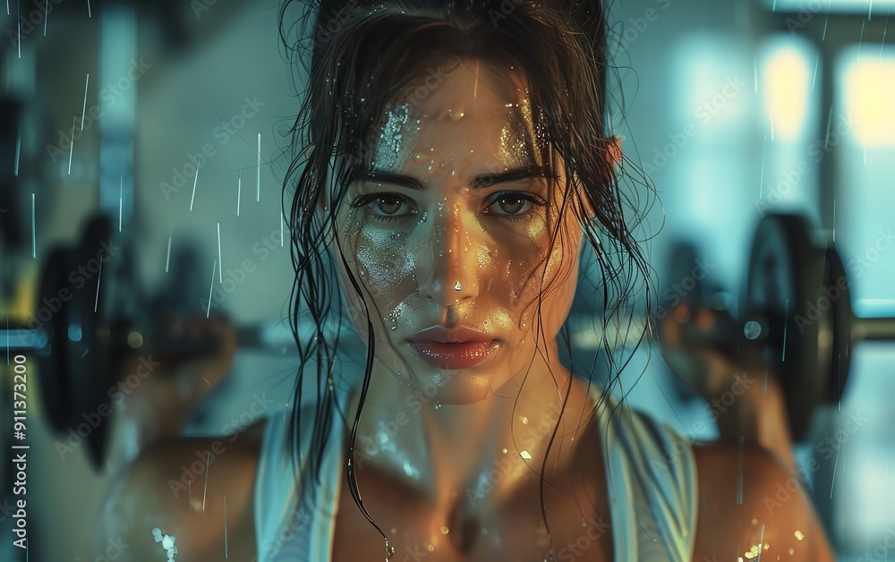 Beautiful woman lifting weights in gym, realistic photography ...