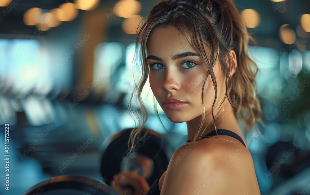 Beautiful woman lifting weights in gym, realistic photography ...