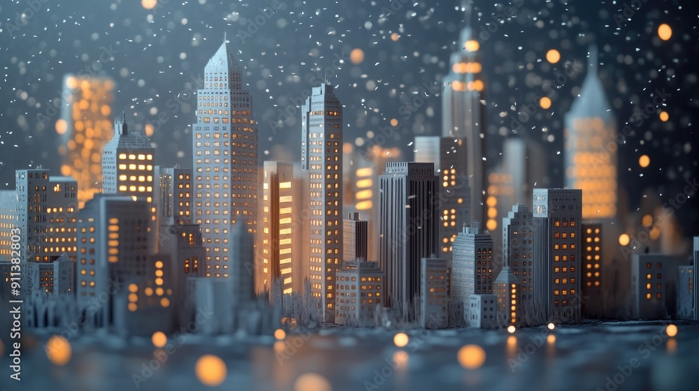 Delicate paper art depicting a detailed city skyline at night, with ...