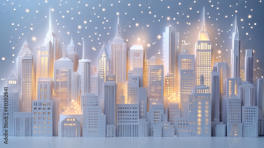 Delicate paper art depicting a detailed city skyline at night, with ...