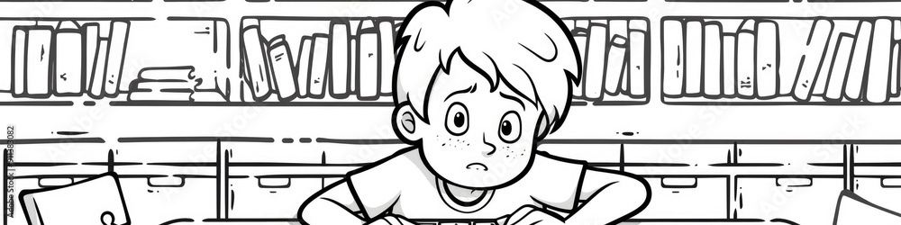 Black outline illustration of confused teenage boy solving puzzle for ...