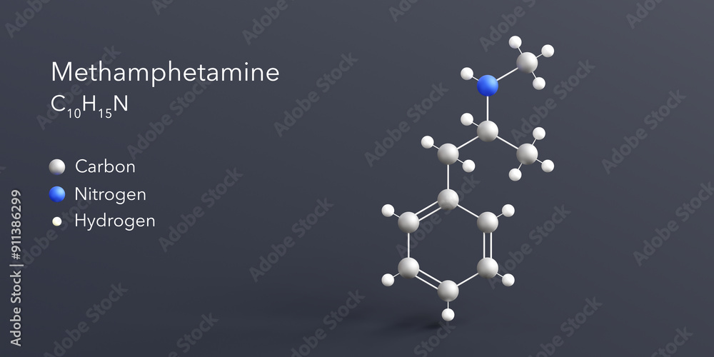 methamphetamine molecule 3d rendering, flat molecular structure with ...